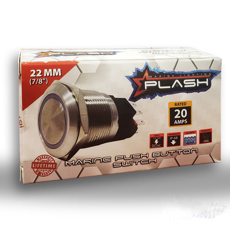 Marine Push Button Switch - Blue LED - 20A - Black Anodized