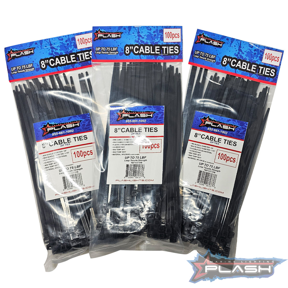 PLASH | 8" Black Cable Ties | Pack of 100